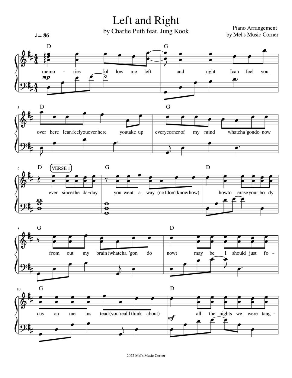 Charlie Puth - Left and Right (piano sheet music) 曲谱 by Mel's Music Corner