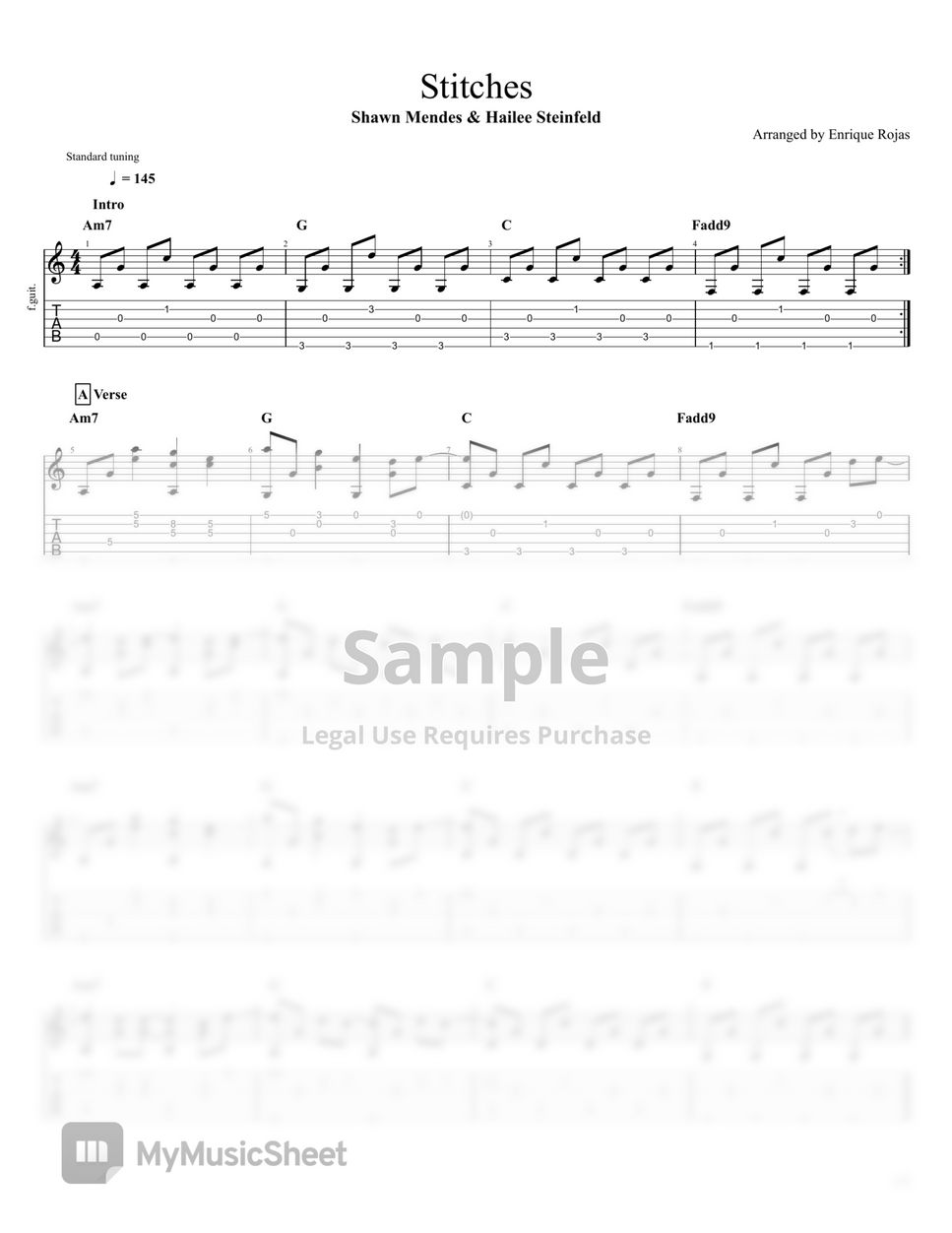 Shawn Mendes - Stitches (Acoustic Version) (Fingerstyle) Sheet Music by ...