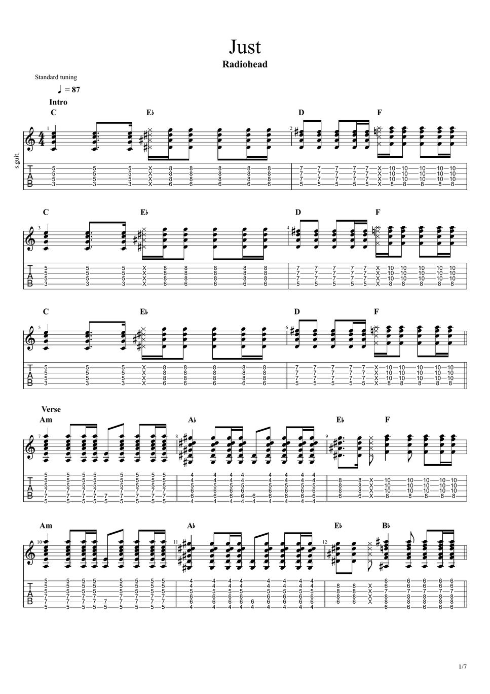 라디오헤드 (Radiohead) - Just (어쿠스틱 기타 - 톰 요크) Sheets by 대충기타