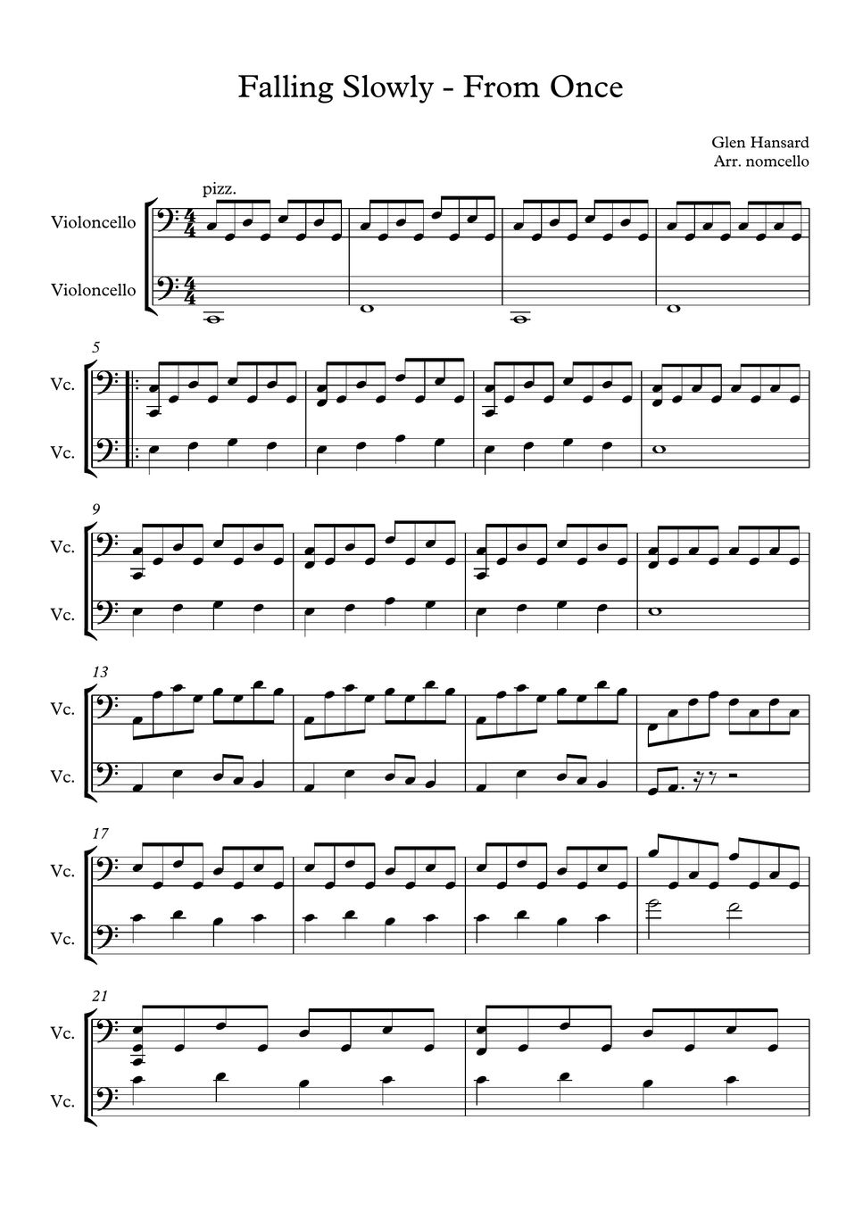 Glen Hansard - Falling Slowly (2 Cellos EASY) 악보 by nomcello