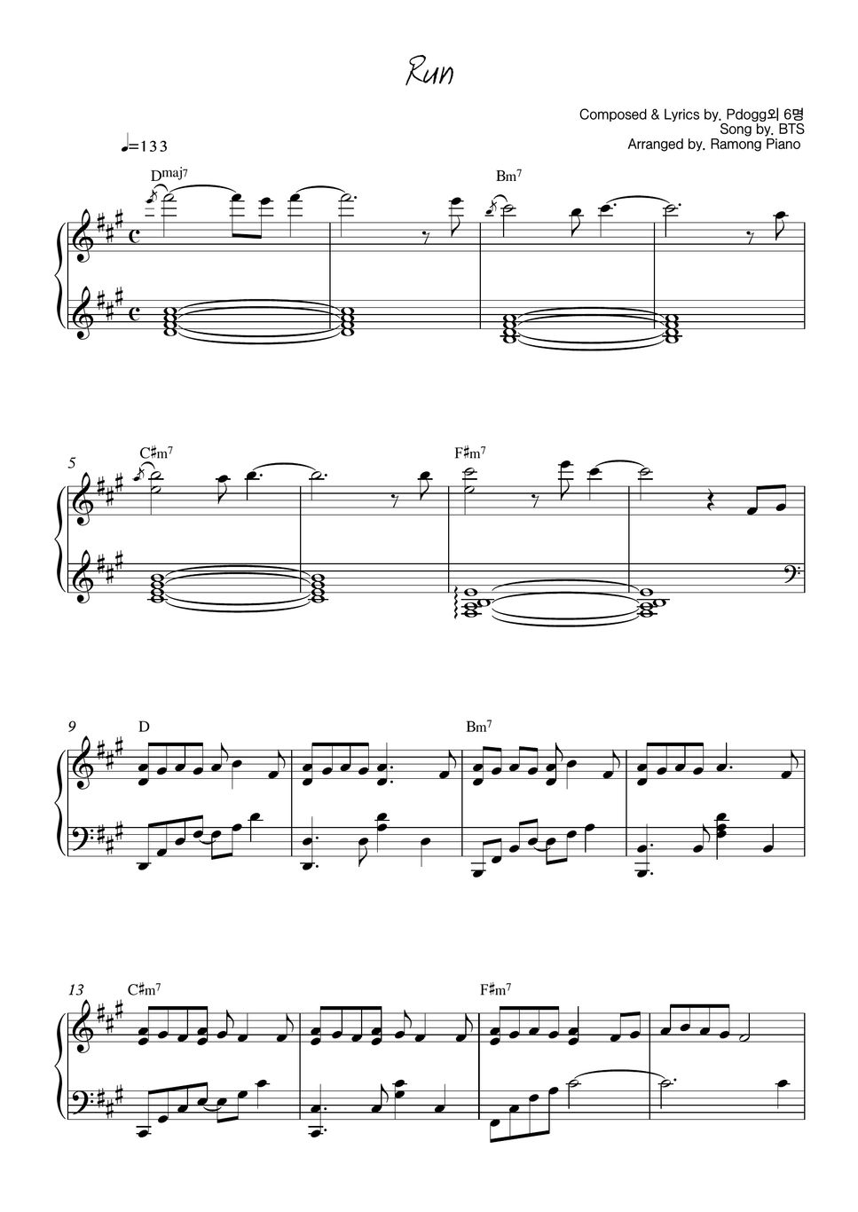 BTS - Run Sheet by Ramong Piano