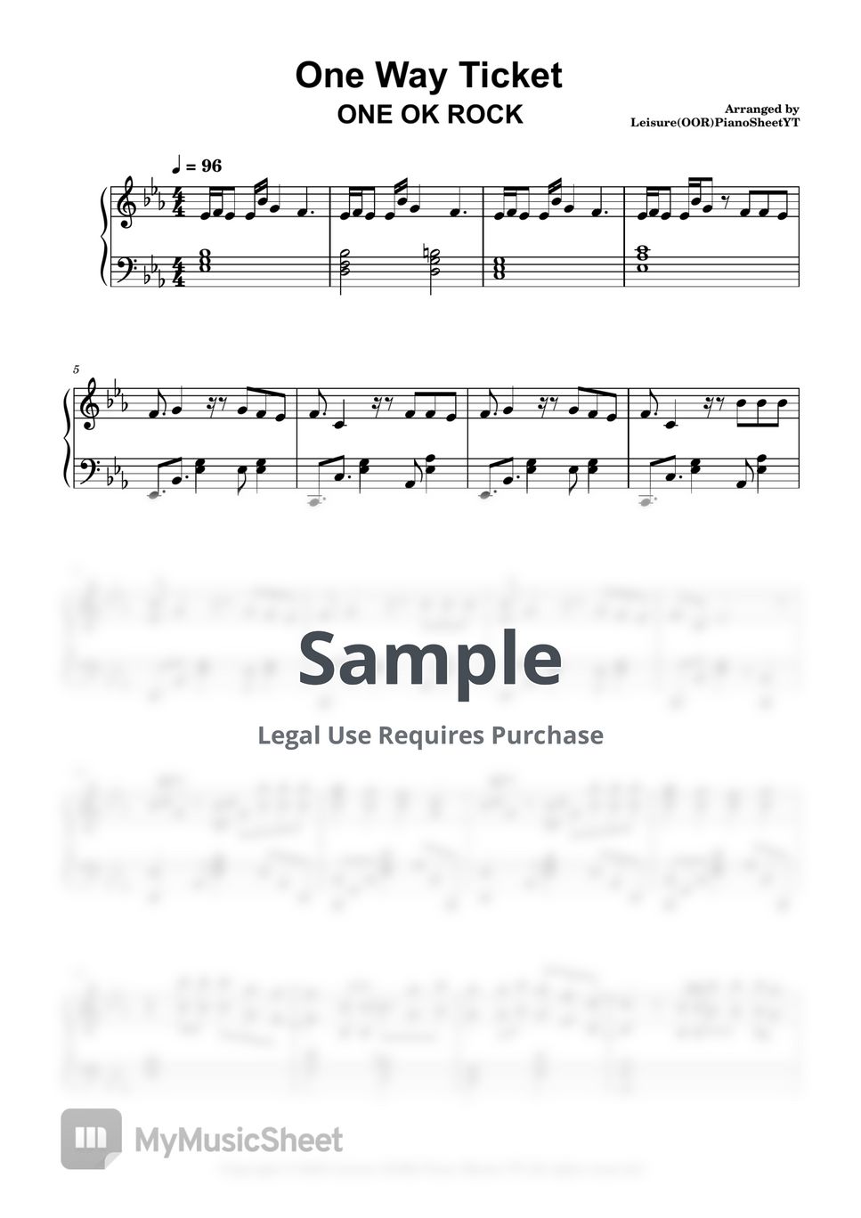 ONE OK ROCK - One Way Ticket (Hard) 악보 by Leisure (OOR) Piano Sheets YT