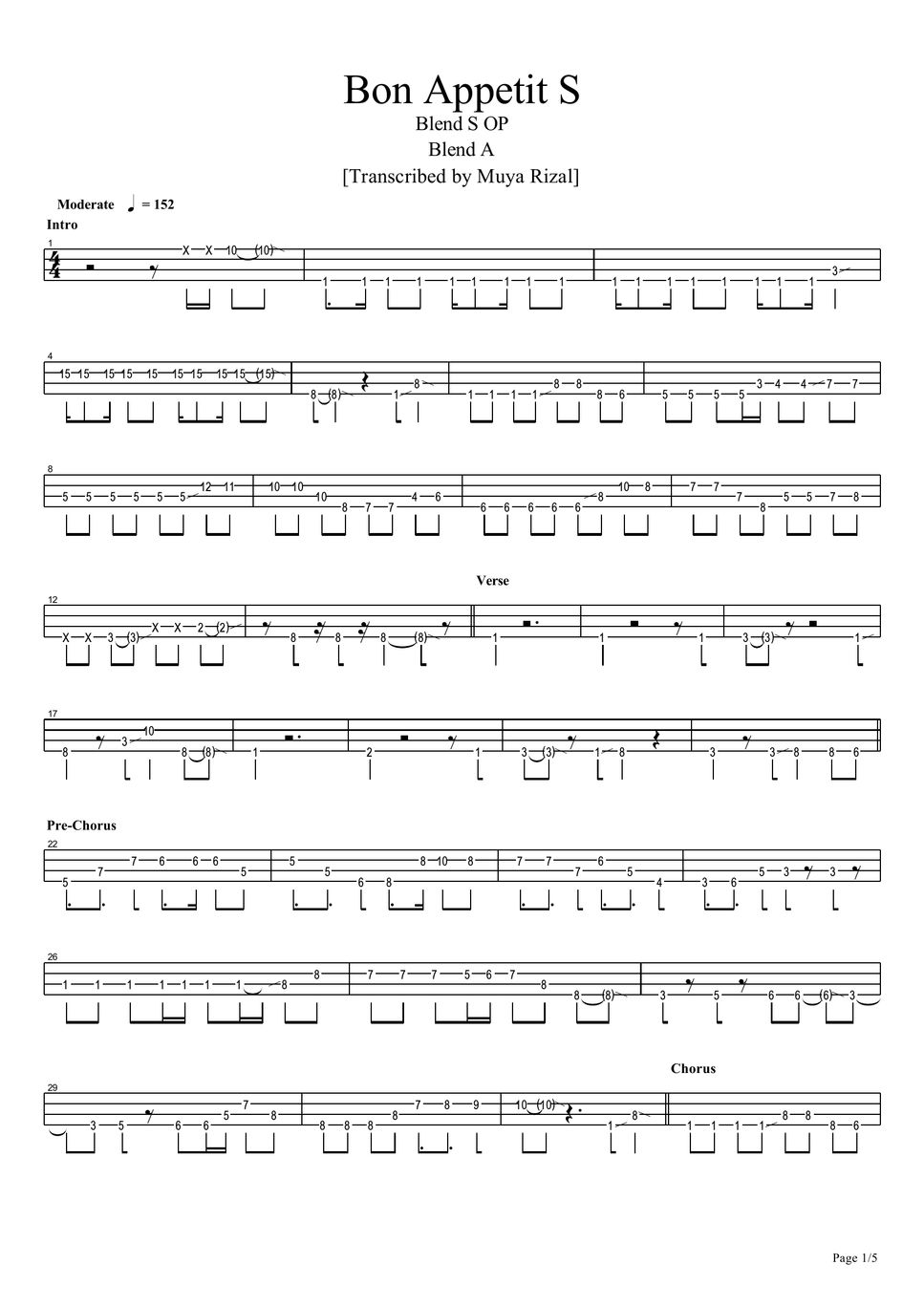 Blend A - Bon Appetit S (Bass TAB) 曲谱 by Muya Rizal