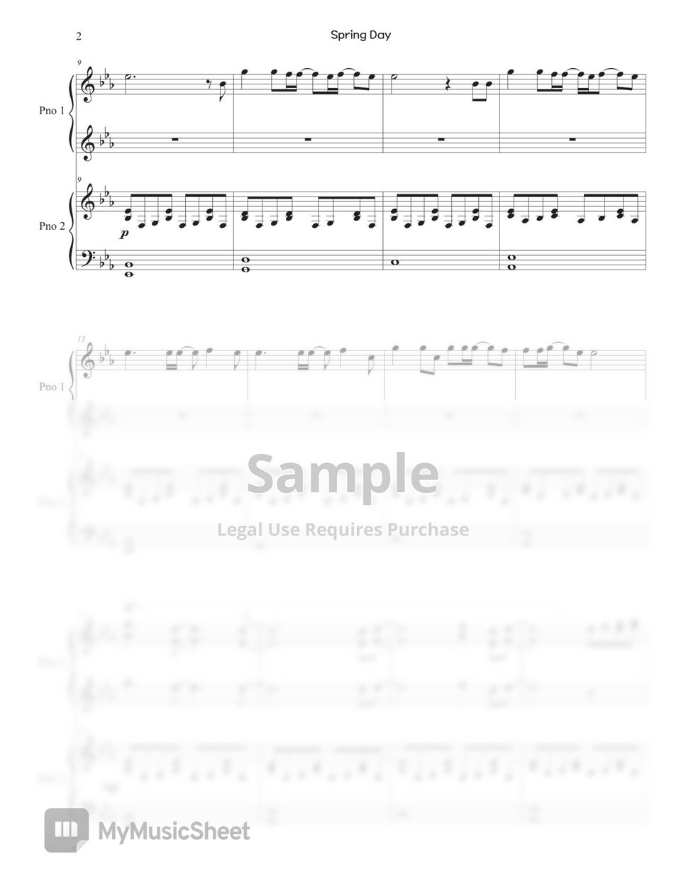 BTS (방탄소년단) - Spring Day (봄날) (1 piano 4 hands) Sheets by Jinnie J