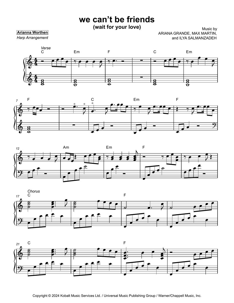 Ariana Grande - we can't be friends (wait for your love) Sheet Music by Arianna Worthen