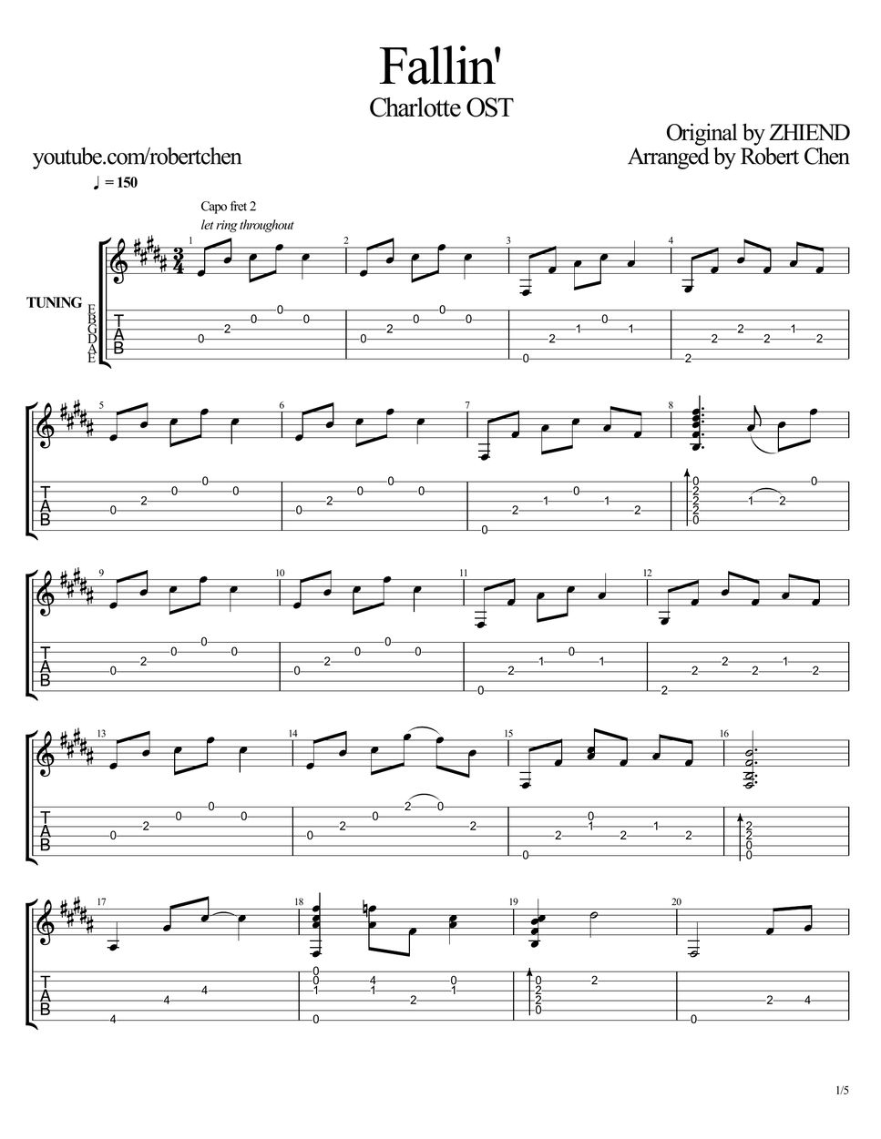 Marina (ZHIEND) - Charlotte OST - "Fallin'" TAB by Robert Chen