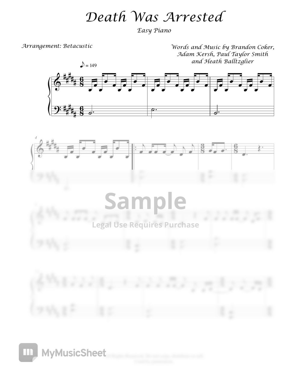 Brandon Coker - Death Was Arrested (Easy Piano) Sheets by Betacustic