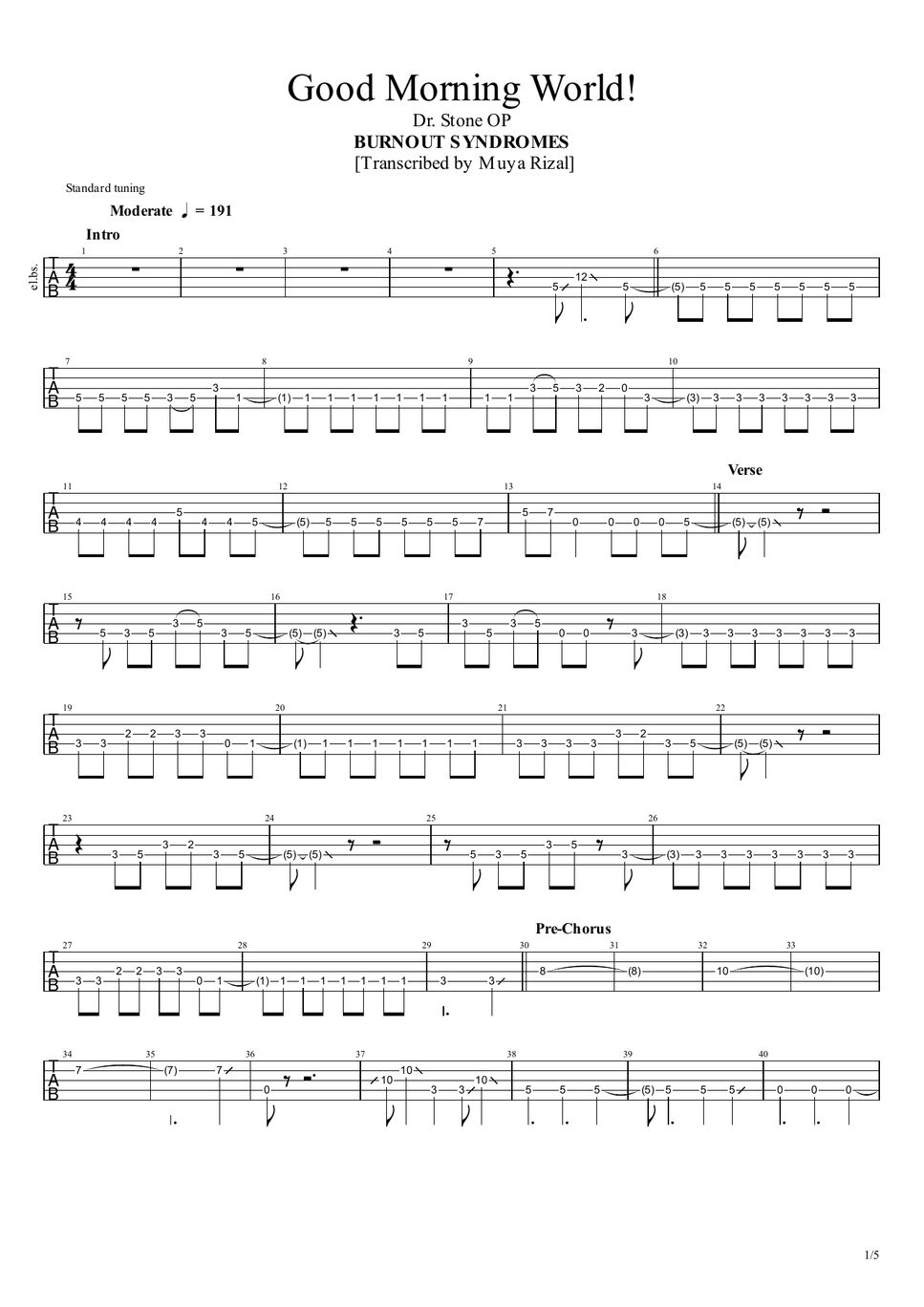BURNOUT SYNDROMES - Good Morning World! (Bass TAB) Partitur by Muya