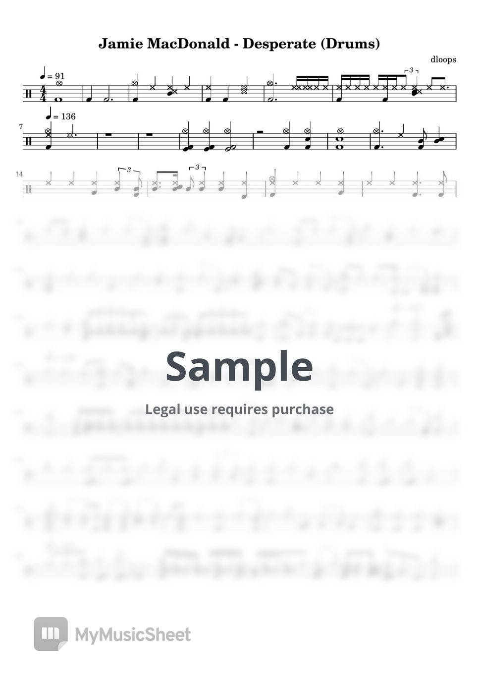 Jamie MacDonald - Desperate (DRUM SCORE) Sheet Music by dloops