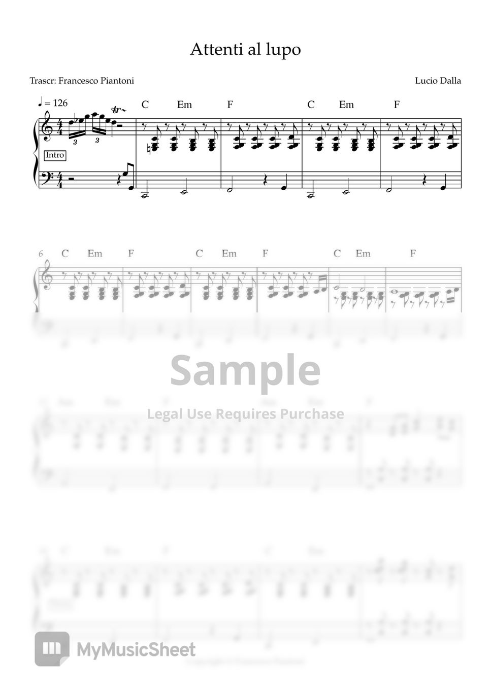 Lucio Dalla - Attenti al lupo (spartito pianoforte) Sheet Music by ...