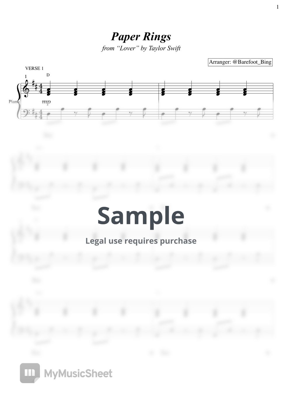 Taylor Swift - Paper Rings Sheet Music by Barefoot Bing