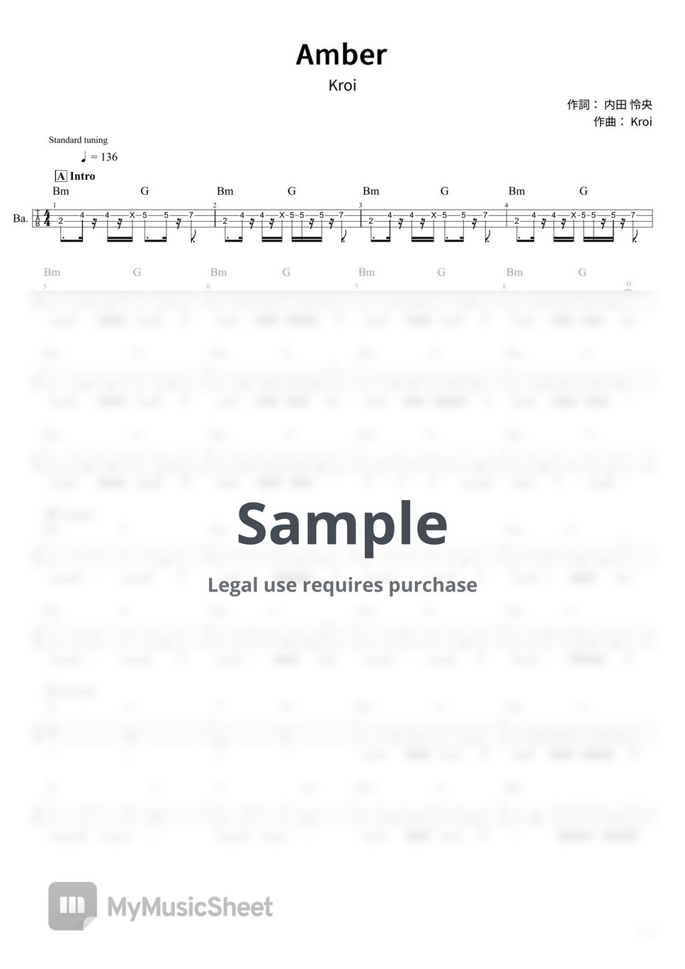 Kroi - Amber (Tabs only / Bass Tabs 4-string) Sheets by T's bass score