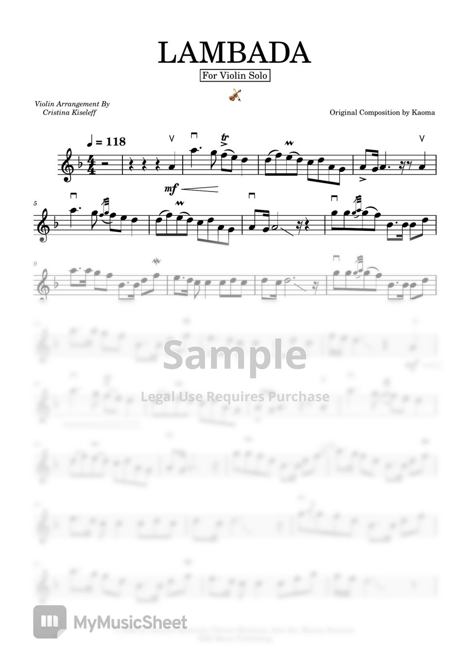 Kaoma - LAMBADA (For Violin Solo) Sheet Music by Cristina Kiseleff
