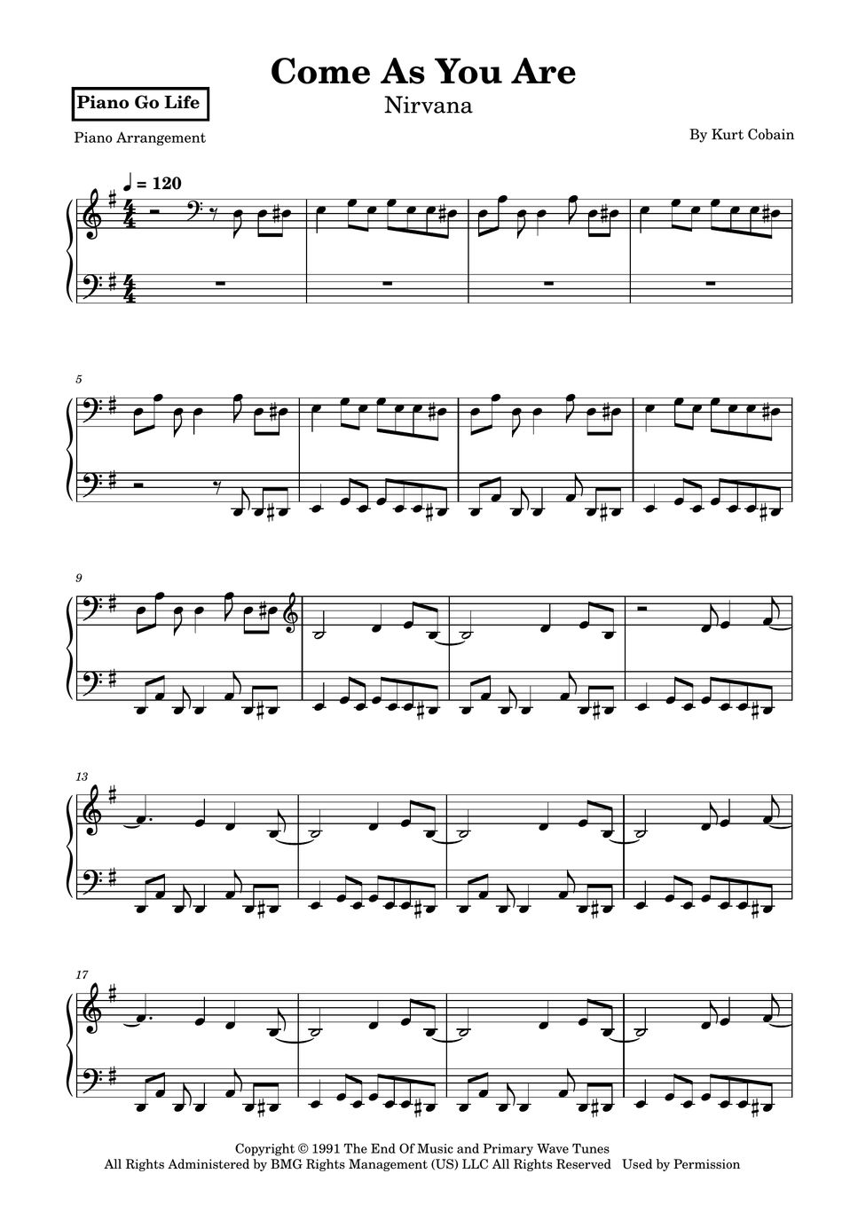 Nirvana - Come As You Are Sheets by Piano Go Life
