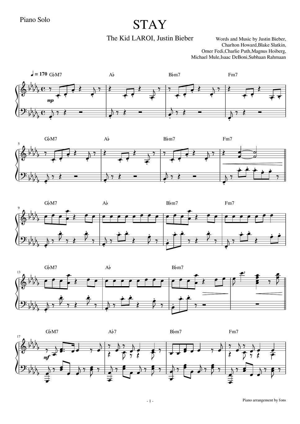 The Kid LAROI, Justin Bieber - STAY 악보 by fons