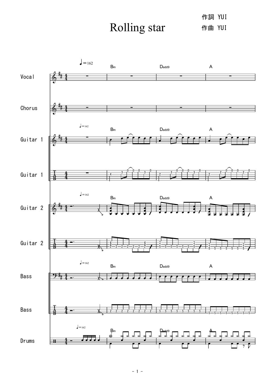 BLEACH - Rolling star (バンドスコア) Tab + 1staff by 二次元楽譜製作所