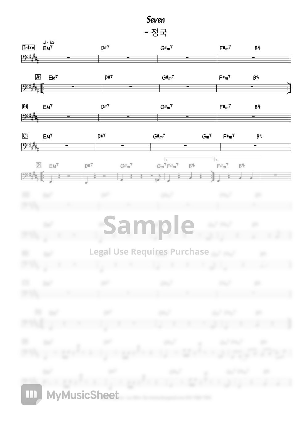 정국 - Seven (Band.ver) (베이스 악보입니다.) Tab + 1staff by 이원재