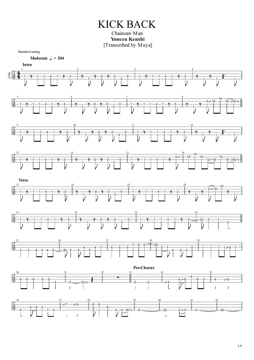 Yonezu Kenshi - KICK BACK (Bass TAB) Sheet Music by Muya