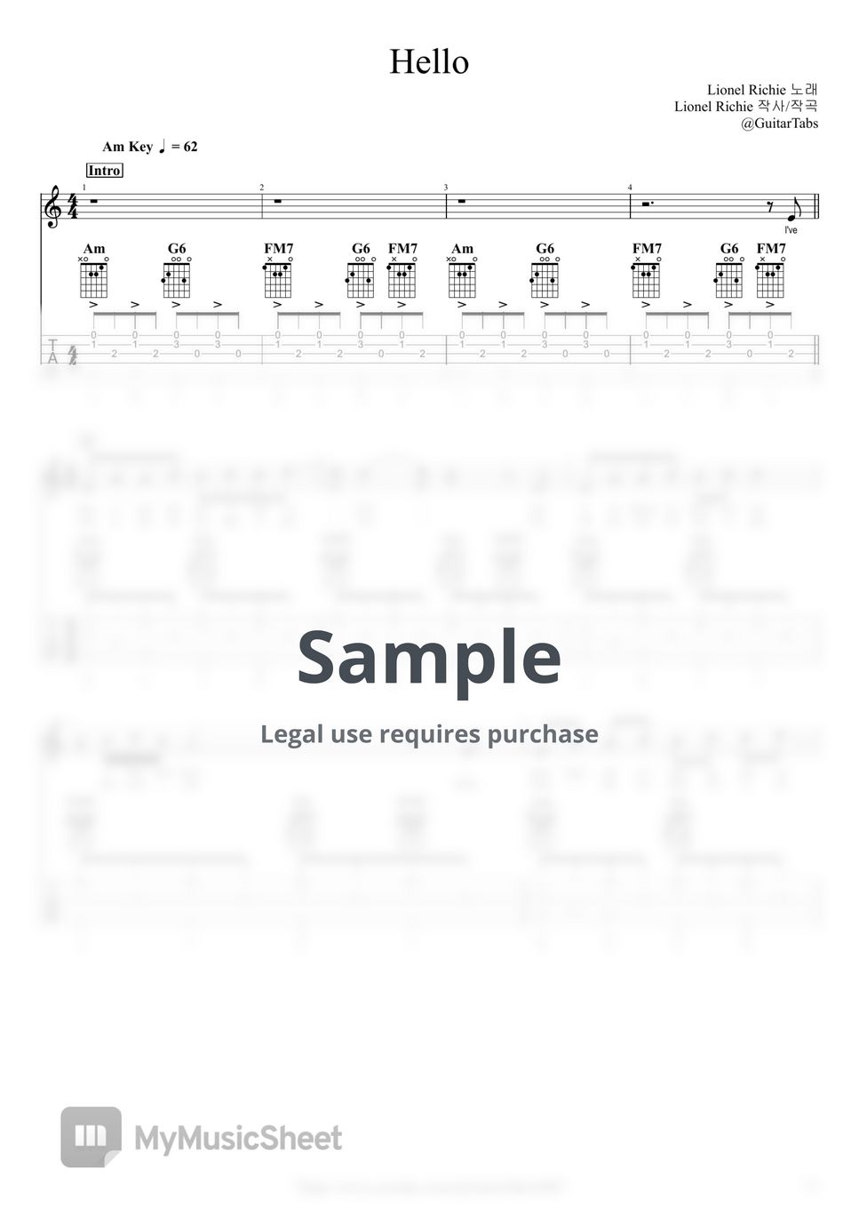 Lionel Richie - Hello (Am Key / Easy TAB / Lyrics) शीट by 624 TABs