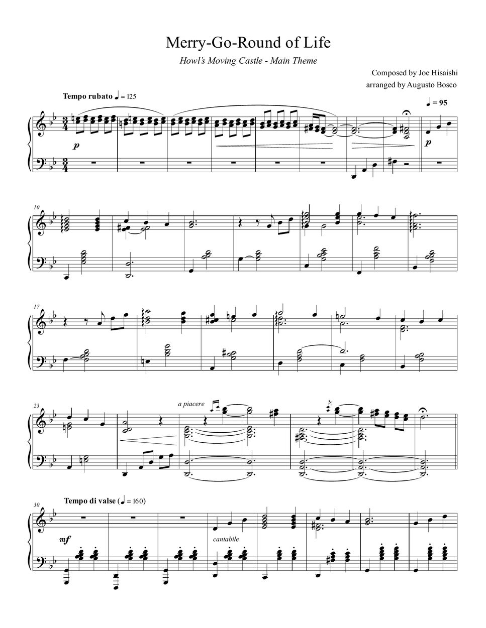 Hisaishi Joe Merry Go Round Of Life Piano Solo Sheets By Augusto Bosco