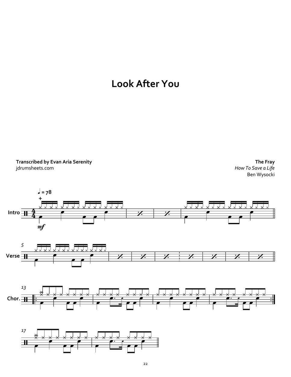 The Fray - Look After You Sheet Music by Evan Aria Serenity