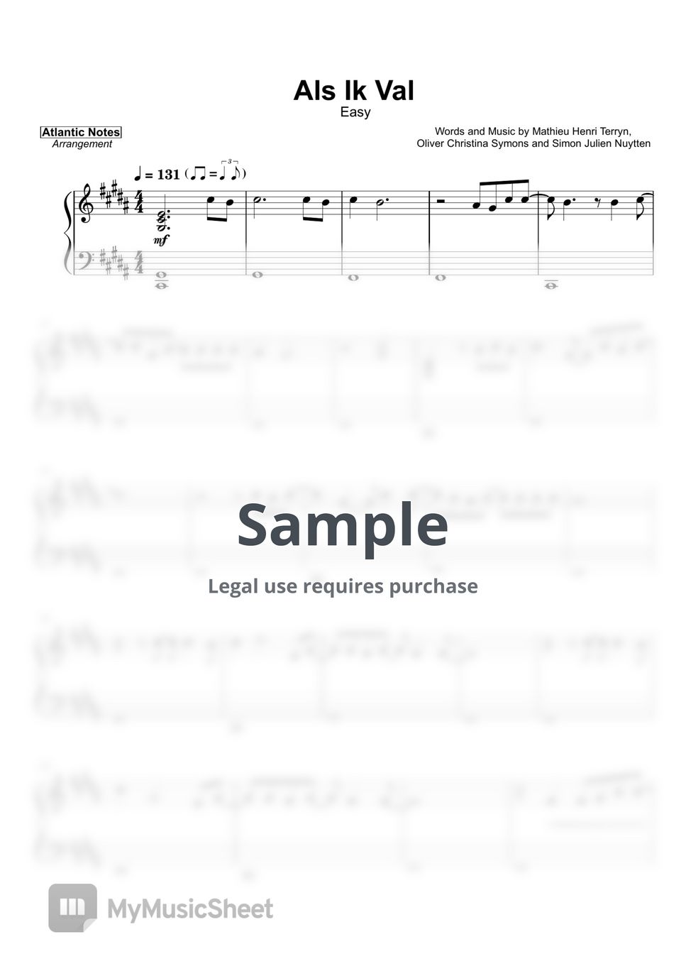 Bazart - Als Ik Val Sheet Music by Atlantic Notes