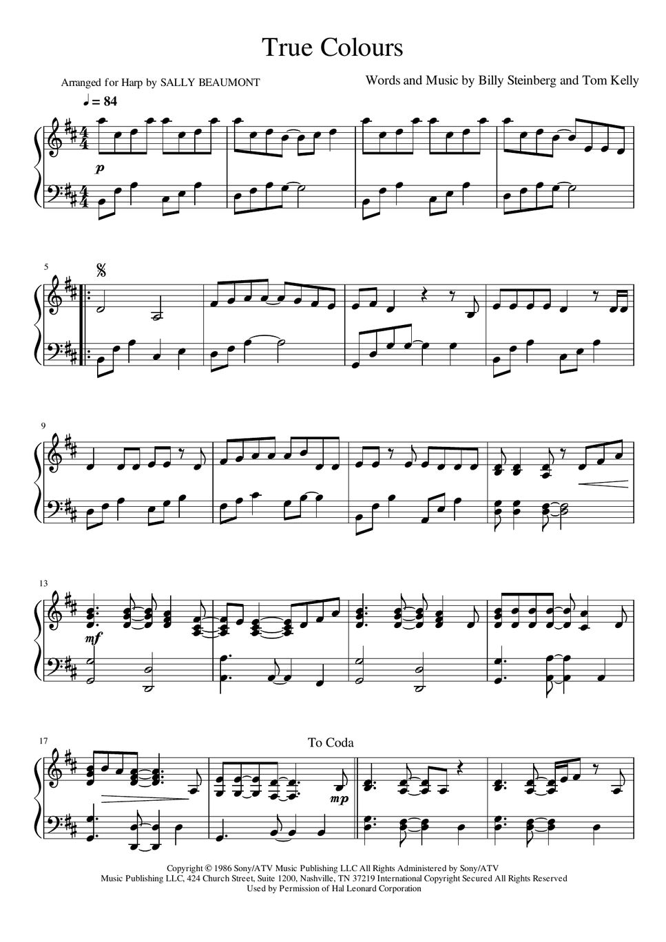 Cyndi Lauper - True Colors (Harp Solo) Sheet Music by Sally Beaumont