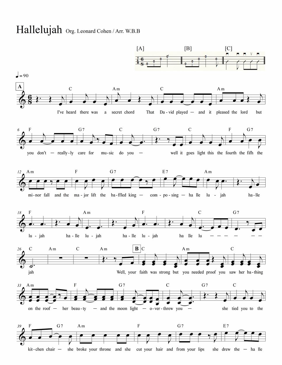 Leonard Cohen - Hallelujah (C Key) Sheets by WBB