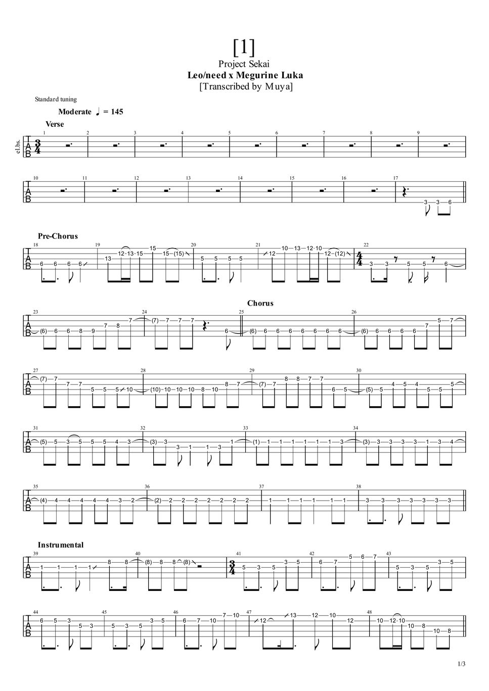 Leo/need - 「1」 (Bass TAB) Sheet Music by Muya