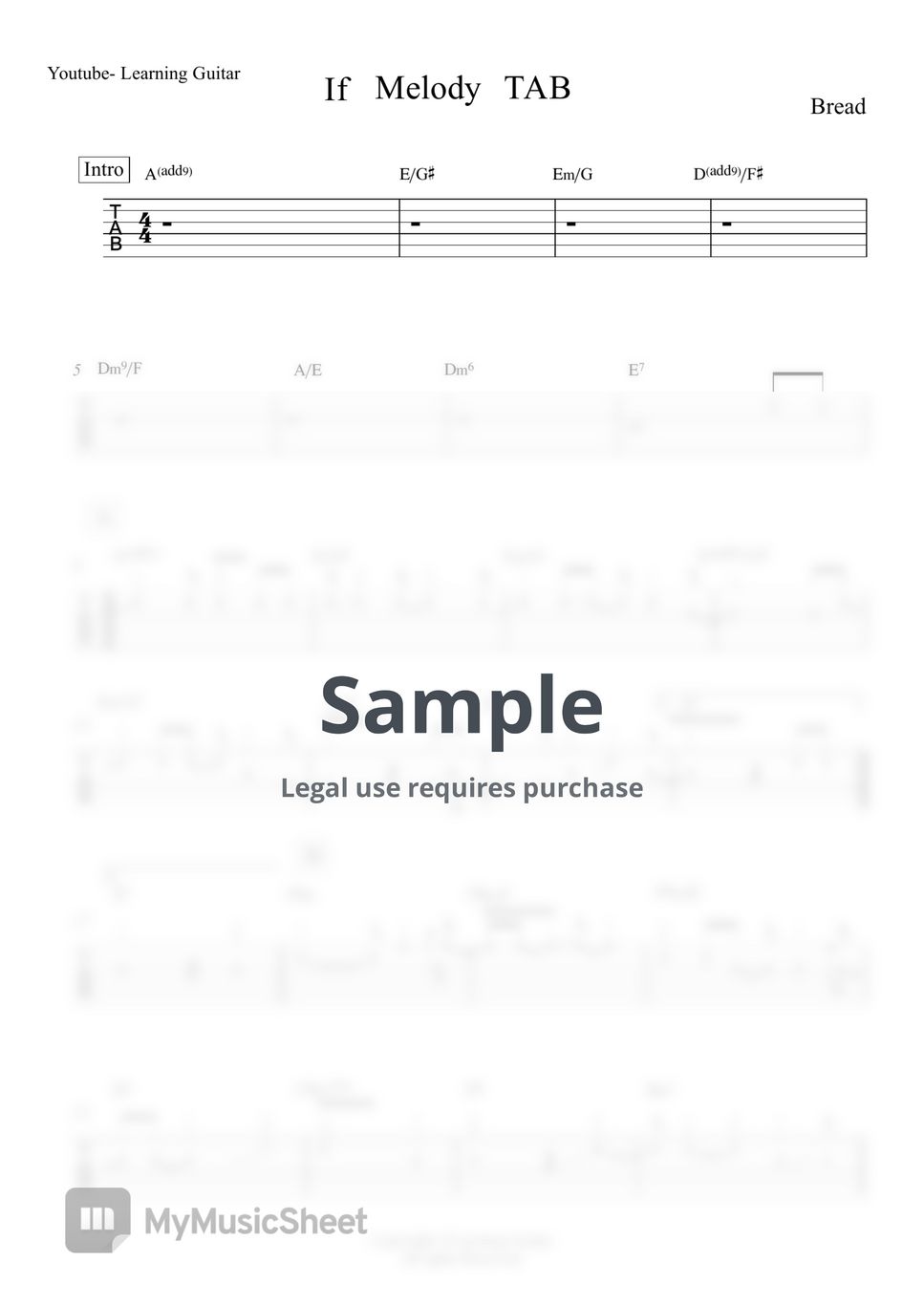 Bread - IF (Melody TAB) (guitar melody tab) 악보 by Learning Guitar