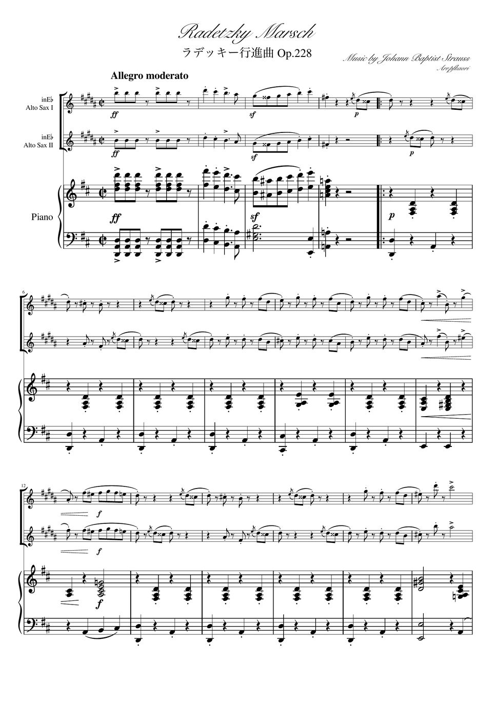 Johann Strauss I - Radetzky Marsch (D・Piano trio/tenor sax duet) Sheets ...