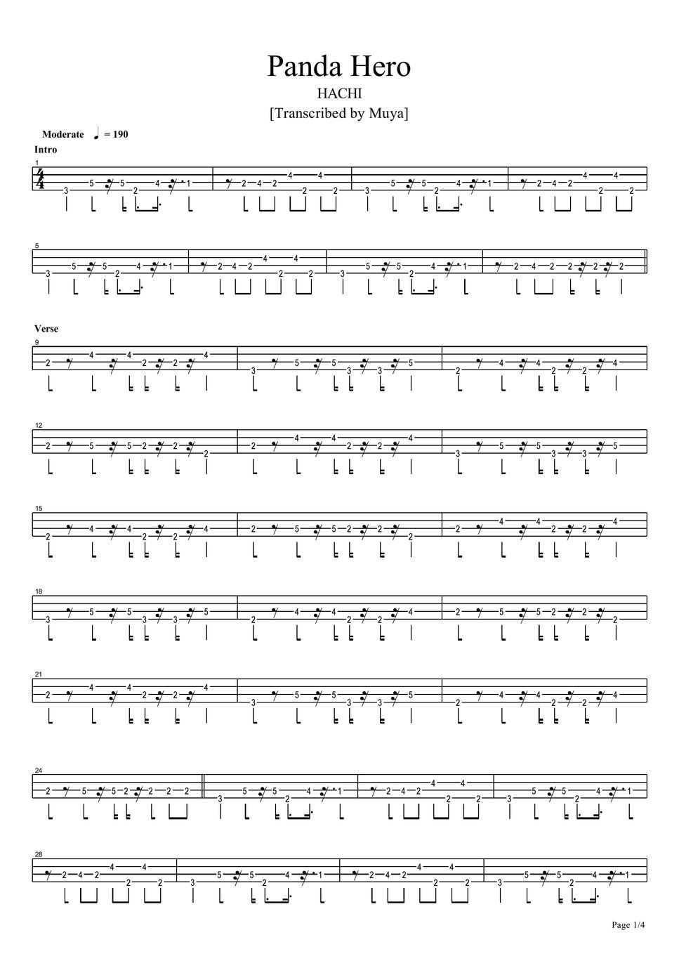 HACHI - Panda Hero (Bass TAB) Sheet Music by Muya