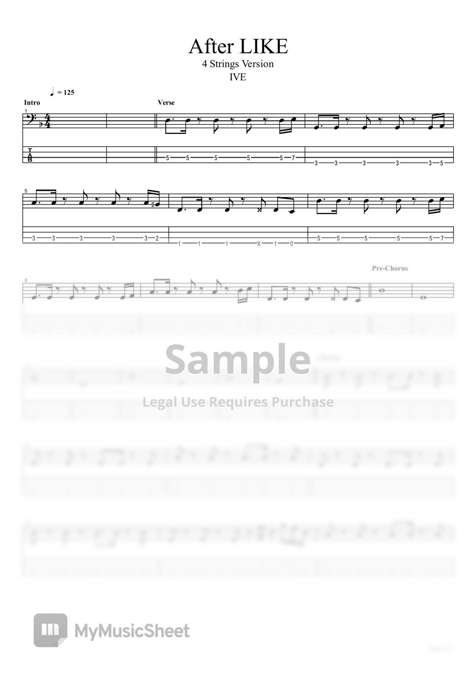 IVE - After LIKE 4 Strings Version Tab + 1staff by TUNA CRACKER