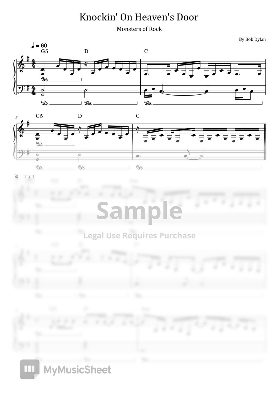 Bob Dylan - Knockin' On Heaven's Door (- Monsters of Rock - For Easy Piano - With Chord) Sheets ...