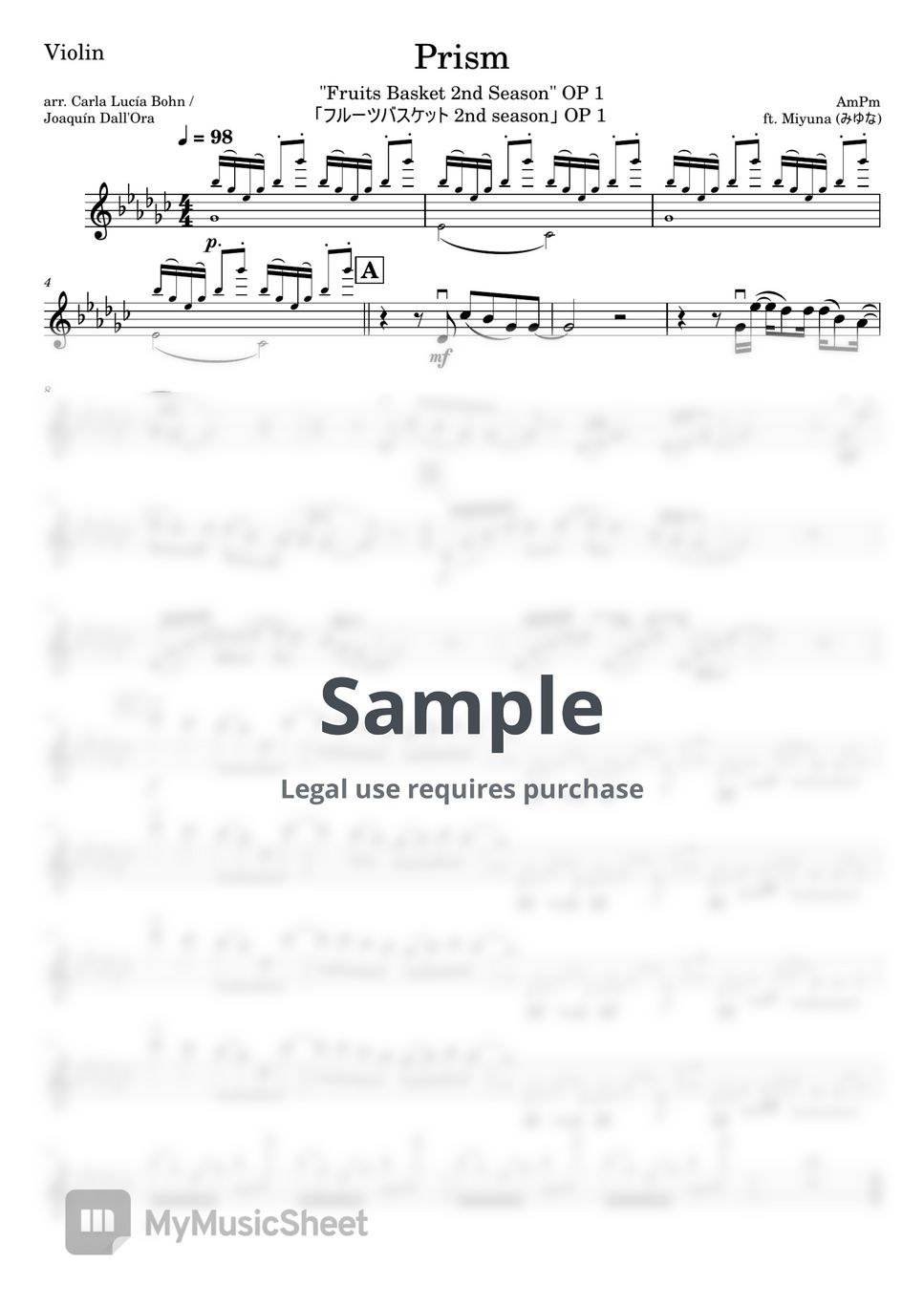 AmPm ft. Miyuna - Prism | "Fruits Basket 2nd Season" OP 1 楽譜 by Carla ...