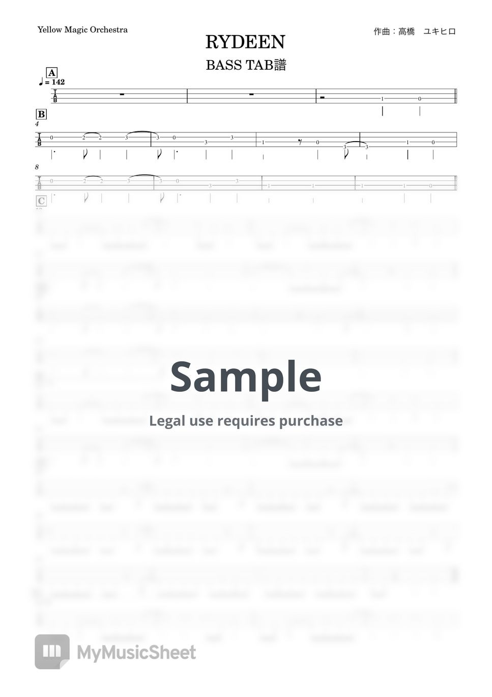 Yellow Magic Orchestra - RYDEEN (『ベースTAB譜』4弦ベース対応) 楽譜 by 箱譜屋
