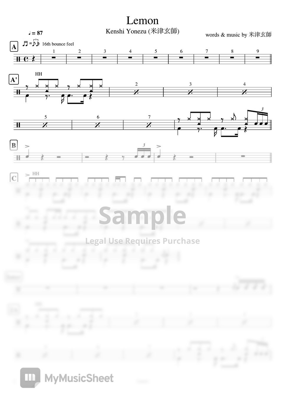 Kenshi Yonezu (米津玄師) - Lemon Sheets by Cookai's J-pop Drum sheet music!!!