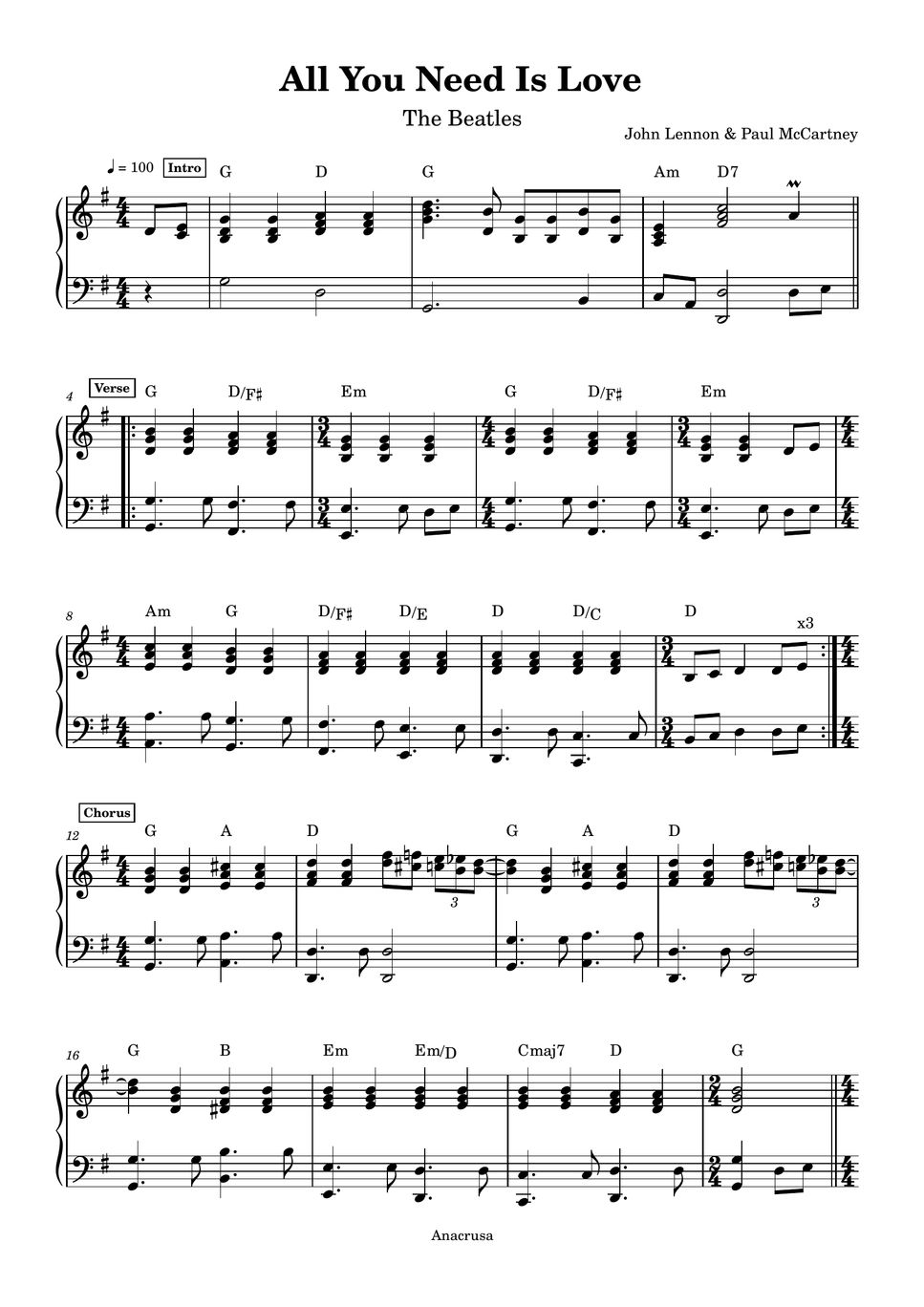 The Beatles All You Need Is Love Piano Accomp Sheets By Anacrusa