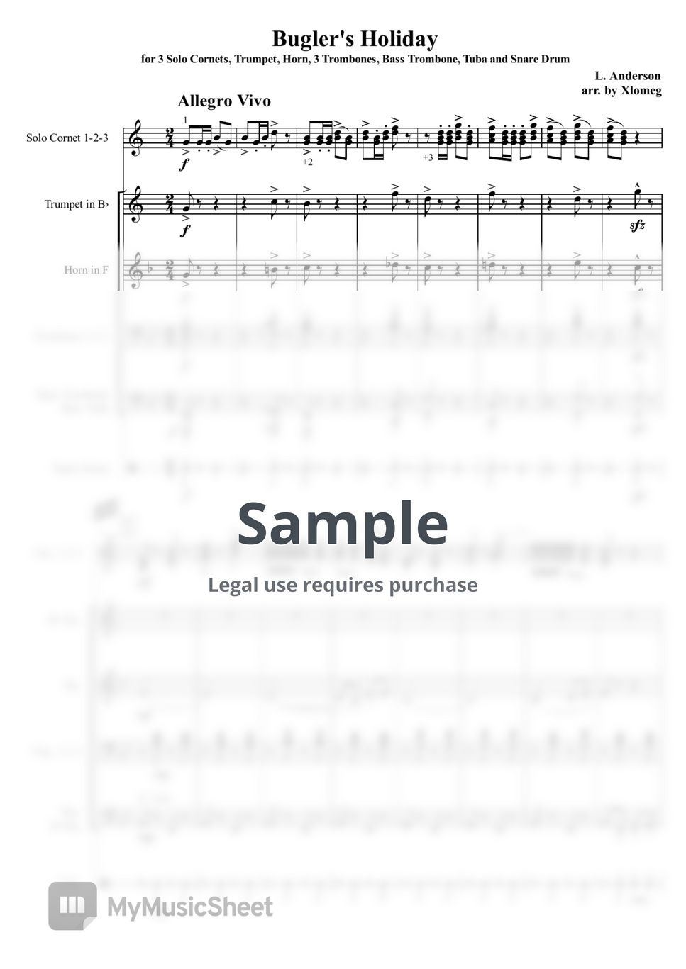 L. Anderson - Bugler's Holiday (arr. for 3 Solo Cornets, Trumpet, Horn, 3 Trombones, Bass ...