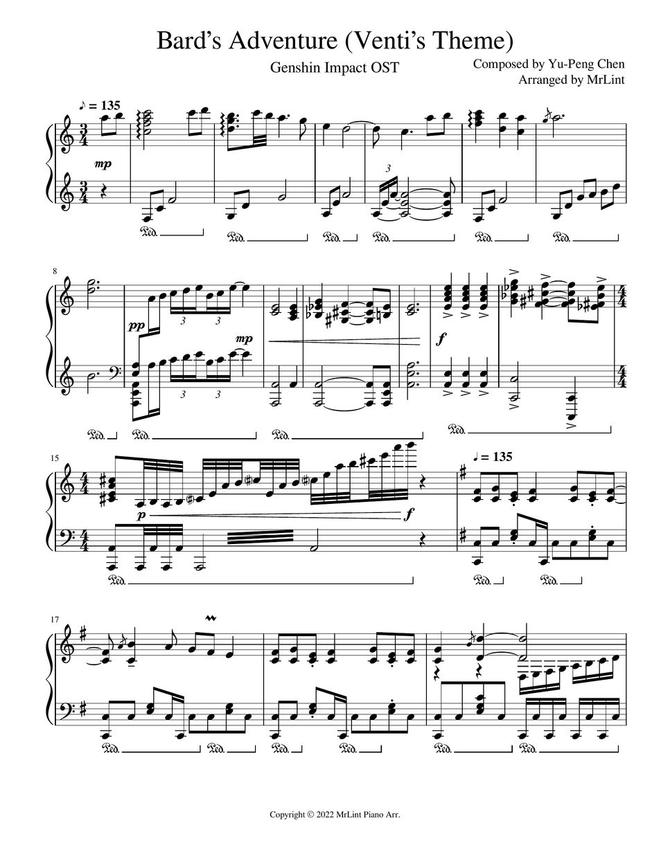 Yu-Peng Chen - Bard’s Adventure (Genshin Impact OST) Sheet by MrLint