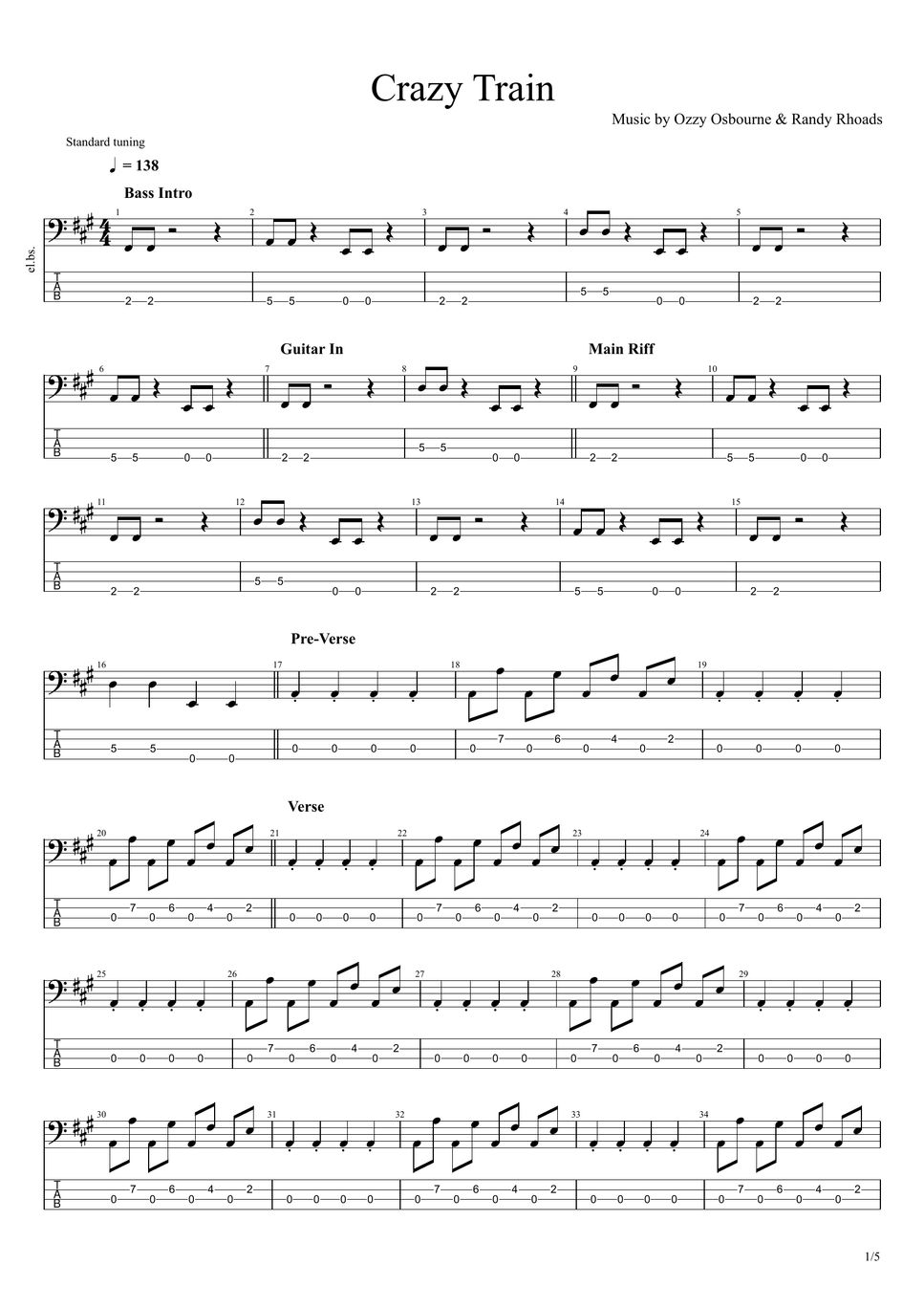 Ozzy Osbourne - Crazy Train 曲谱 by pdb