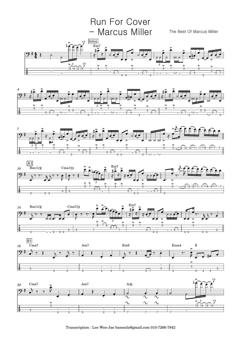 Marcus Miller - Run For Cover (베이스 솔로 포함 악보입니다.) タブ + 五線譜 by 이원재