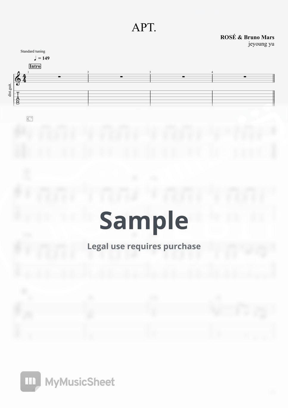 ROSÉ & Bruno Mars - 'APT.' (guitar cover) TAB+1 Staff by jeyoung yu