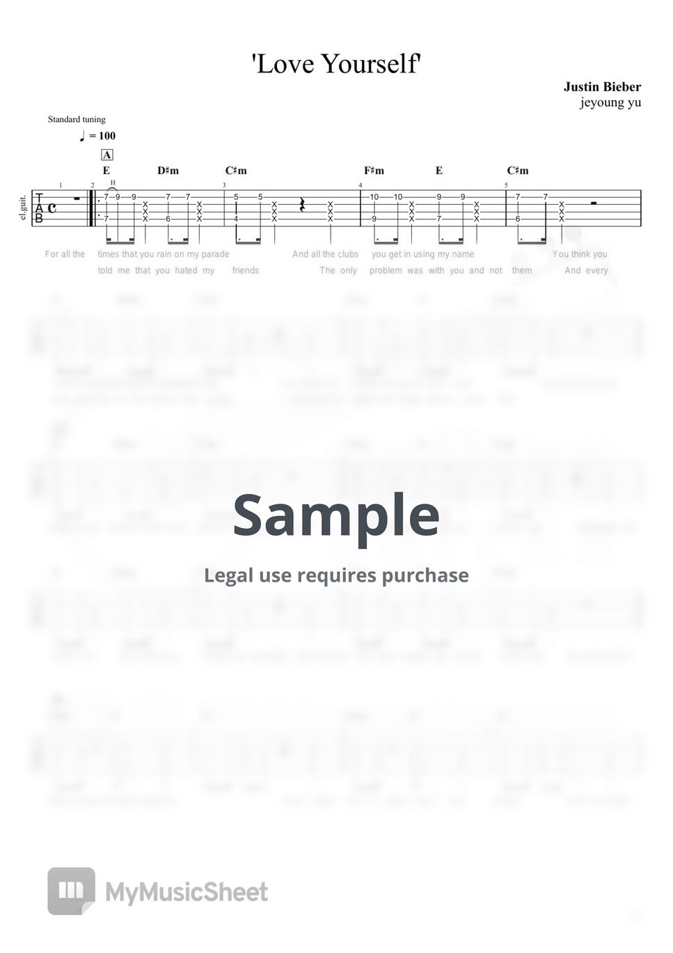 Justin Bieber - 『Love Yourself』 (guitar cover) Sheet Music by jeyoung yu