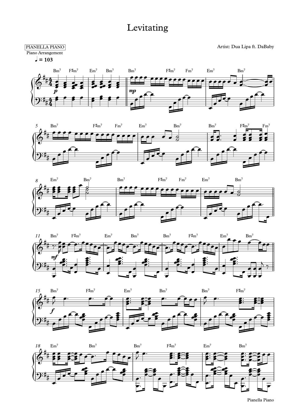 Dua Lipa ft. DaBaby - Levitating (Piano Sheet) Sheet by Pianella Piano