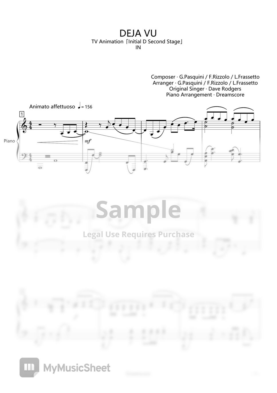 G.Pasquini／F.Rizzolo／L.Frassetto - DEJA VU (TV Animation「Initial D Second Stage」IN) 악보 by Dreamscore