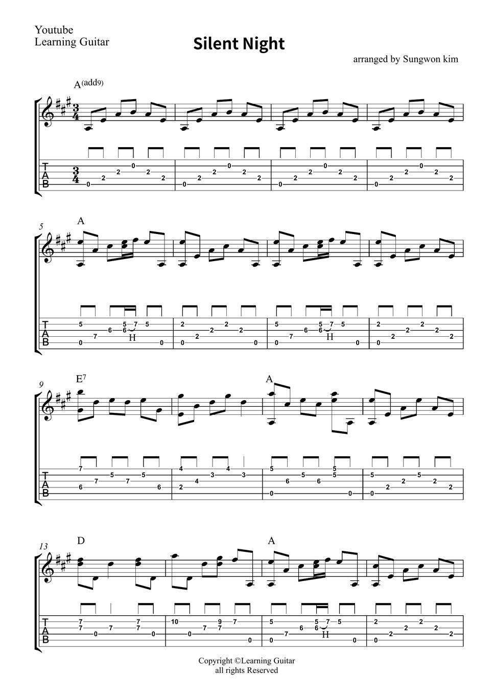 carol - Silent Night, Holy Night (Akey Fingerstyle) แผ่น by Learning Guitar