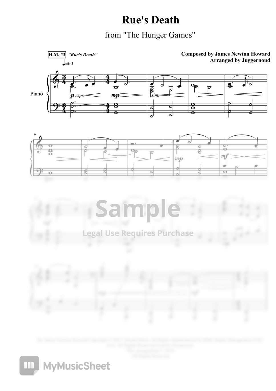 Rue's Death - The Hunger Games - James Newton Howard Sheet Music