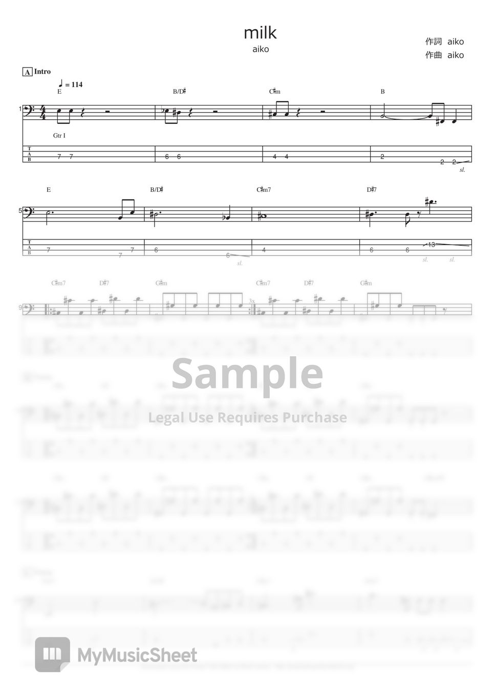 aiko - milk Tab + 1staff by T's bass score