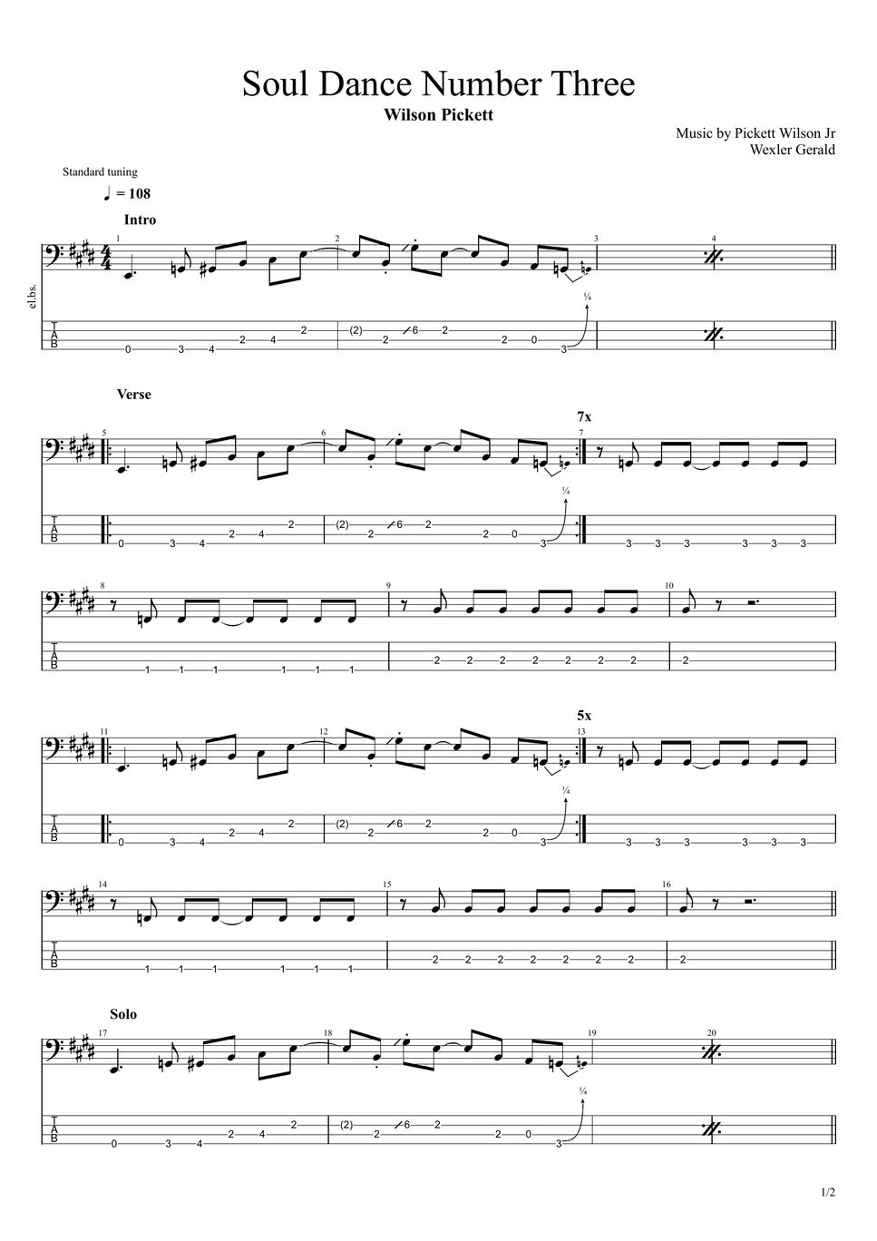 Wilson Pickett - Soul Dance Number Three タブ + 五線譜 by まっきん